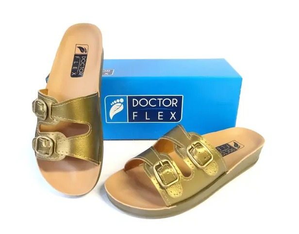 Sandália 2 Fivelas Ortopédica Dourado - Doctor Flex - Loja Ortomédica